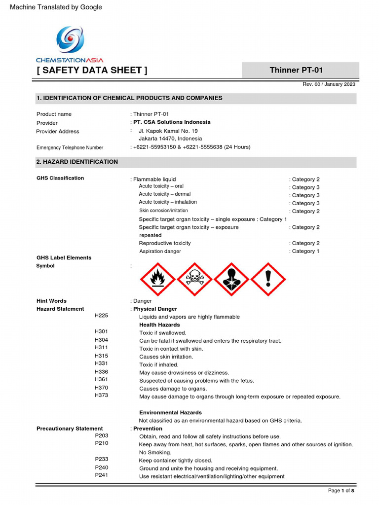 SDS Thinner PT-01 (IN) Rev. 00 | PDF | Toxicity | Water