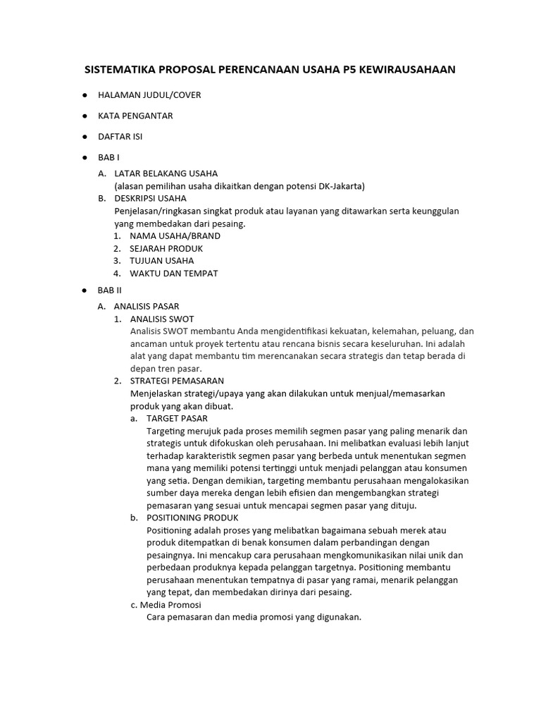 Sistematika Proposal Perencanaan Usaha p5 Kewirausahaan | PDF