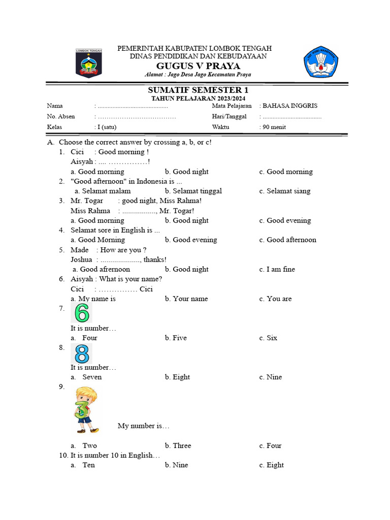Sumatif Bahasa Inggris Kelas 1 | PDF | Foreign Language Studies