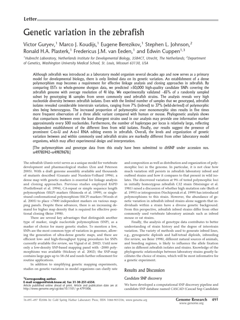 Genetic Variation in The Zebrafish | PDF | Single Nucleotide ...