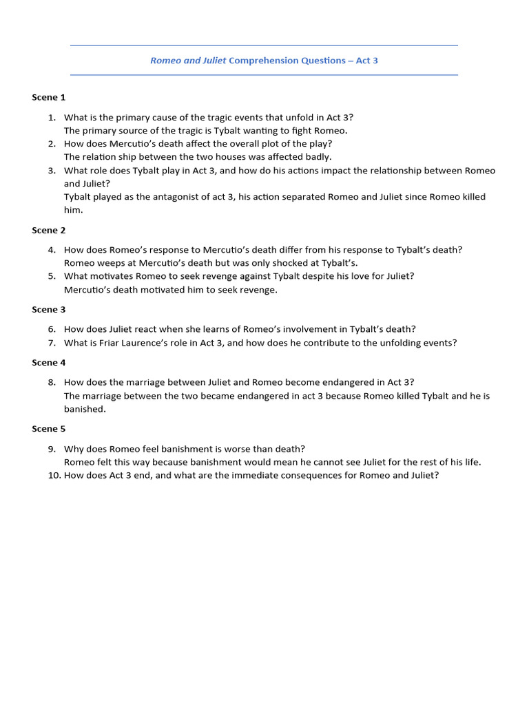 Romeo and Juliet - Act 3 Questions | PDF