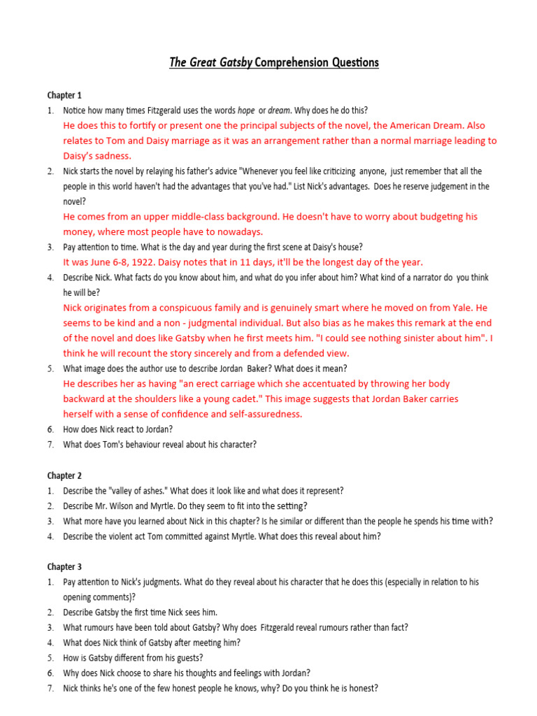 Great Gatsby Comprehension Questions | PDF | The Great Gatsby