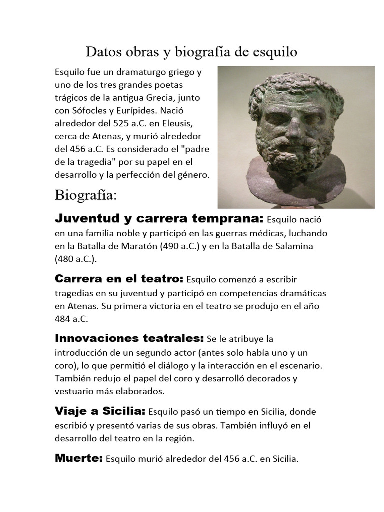 Datos Obras y Biografia de Esquilo | PDF | Esquilo | Tragedia griega