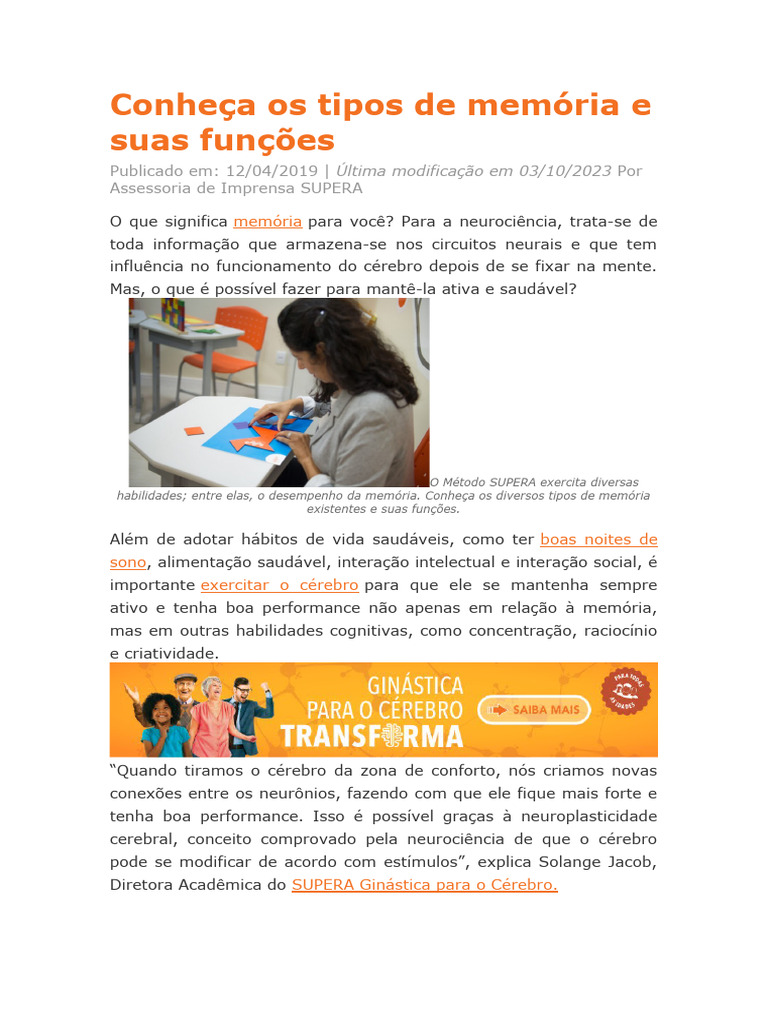 Tipos De Memória E Suas Funções Pdf Memória Memória De Trabalho