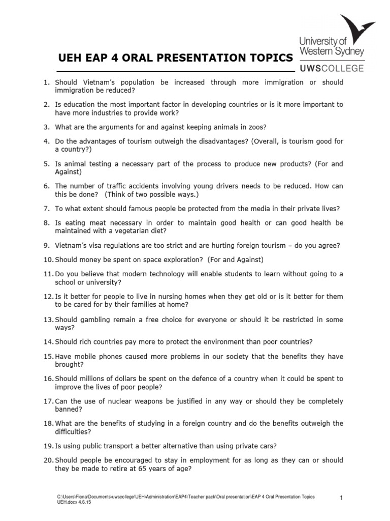 EAP4 - Oral Presentation Topics | PDF | Social Science