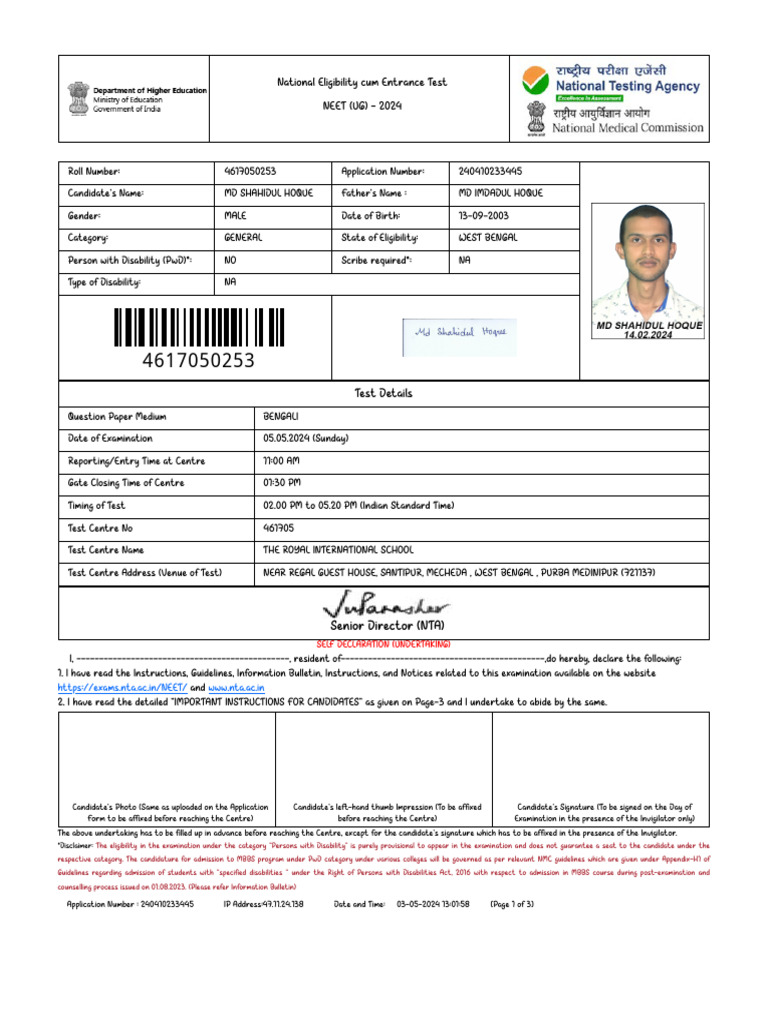 Neet - Ntaonline.in Frontend Web Admitcard Index | PDF | Identity Document