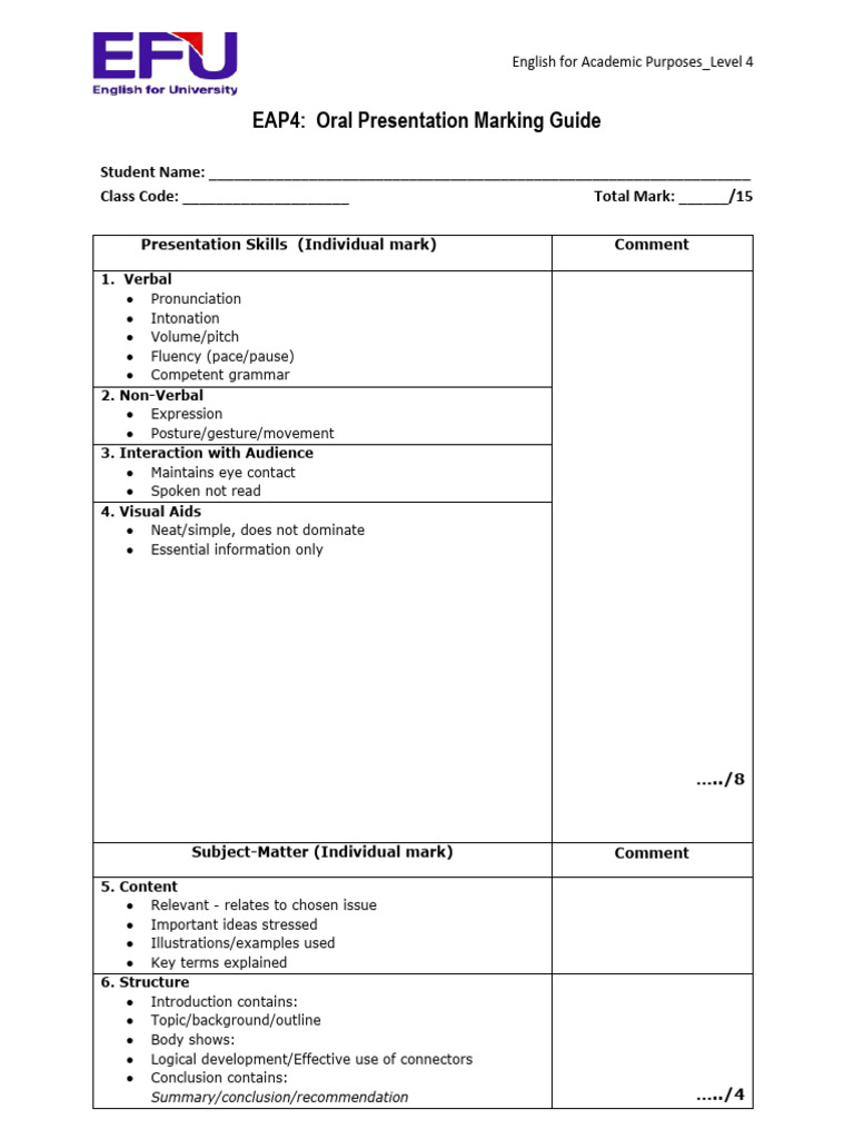 EAP4 Oral Presentation_Marking Guide | PDF