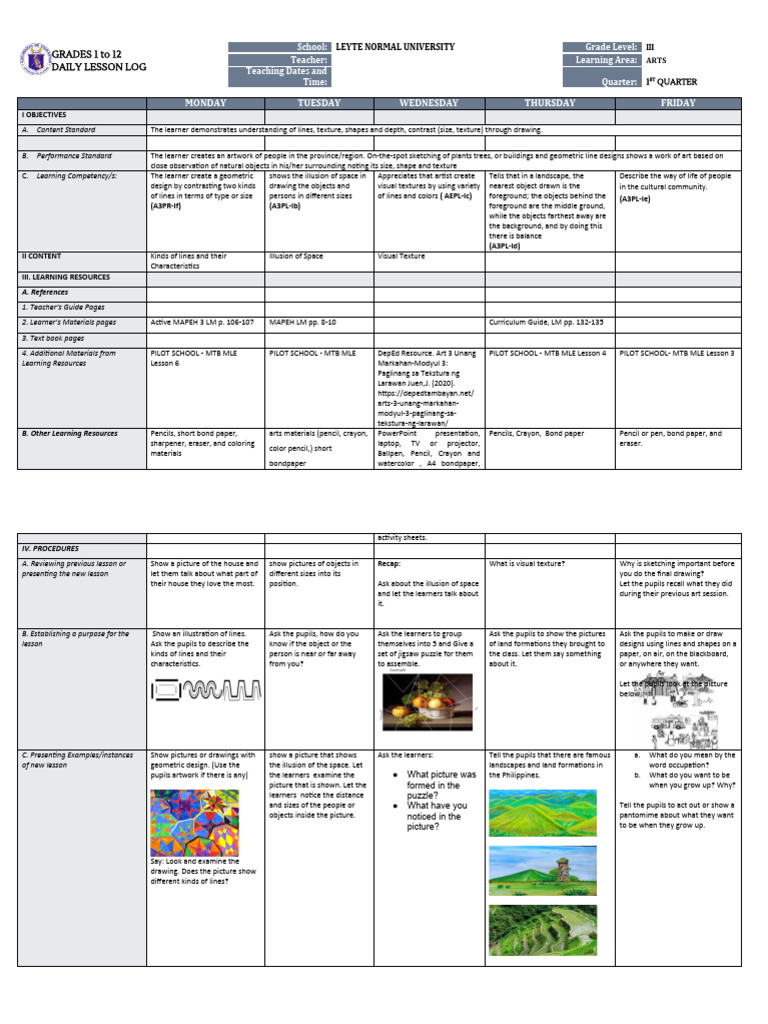 Grade 3 Arts Daily Lesson Plan | PDF | Rubric (Academic) | Drawing