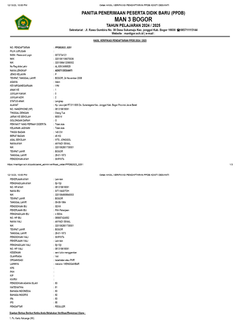 Cetak Hasil Verifikasi Pendaftaran PPDB Adisti Desianti | PDF