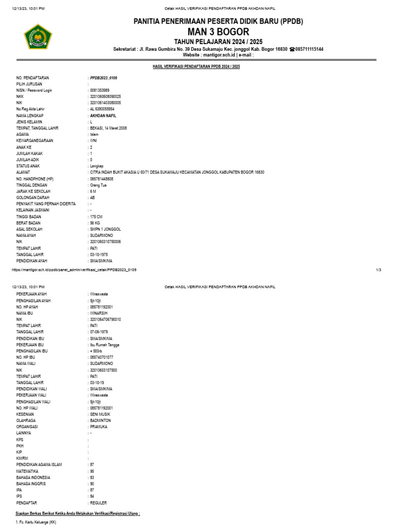 Cetak HASIL VERIFIKASI PENDAFTARAN PPDB AKHDAN NAFIL | PDF