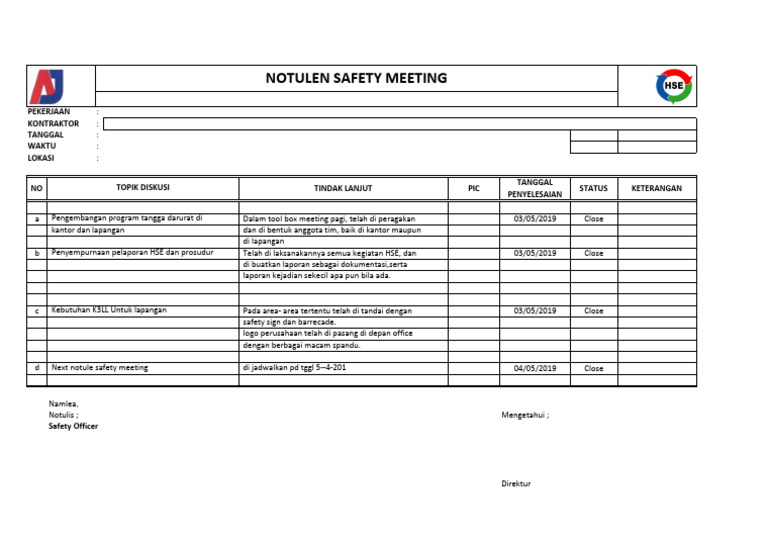 Notulen Safety Meeting | PDF