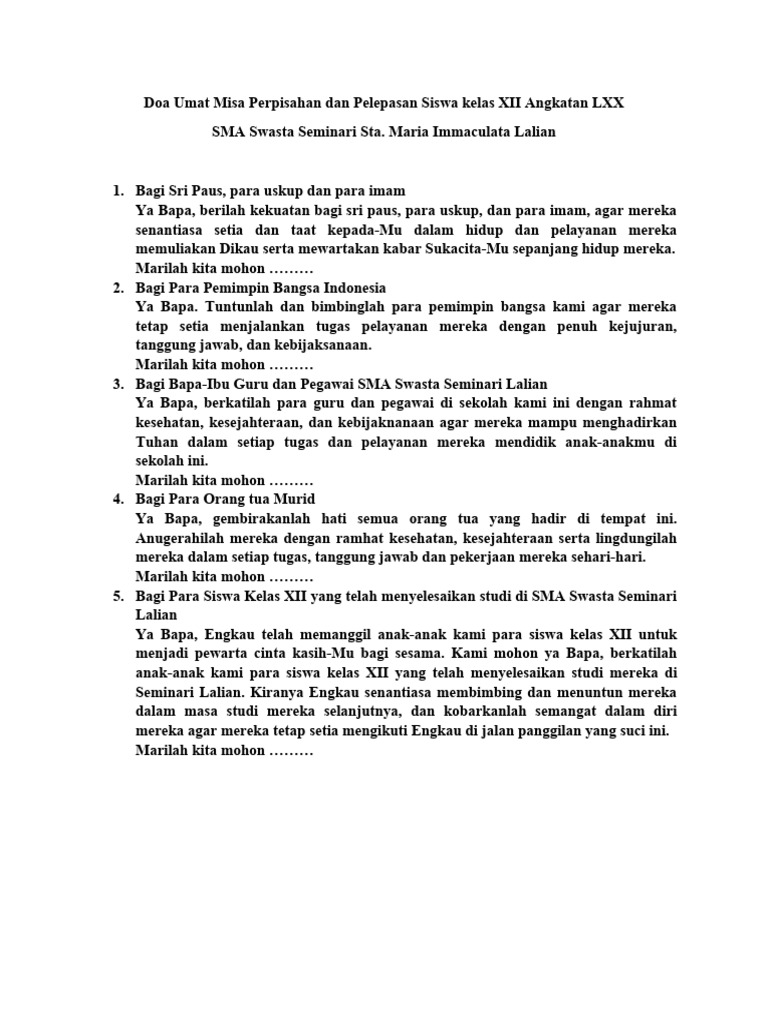 Doa Umat Misa Perpisahan Dan Pelepasan Siswa Kelas XII Angkatan LXX | PDF Doa Umat Misa Perpisahan Dan Pelepasan Siswa Kelas XII Angkatan LXX | PDF