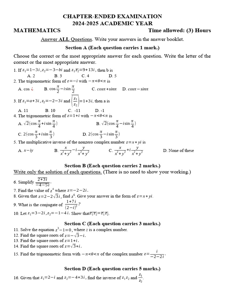 Chapter-Ended Examination 2024-2025 ACADEMIC YEAR Mathematics Time ...
