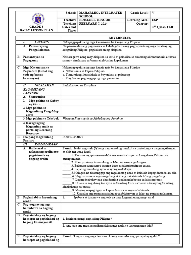 DLL - Esp 5 - Q3 - W1-February 07,2024 | PDF