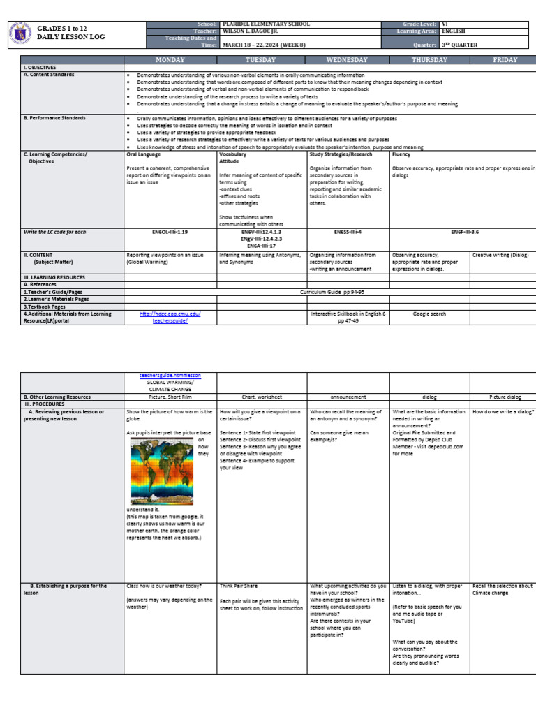 DLL - English 6 - Q3 - W8 | PDF | Natural Environment | Nonverbal ...