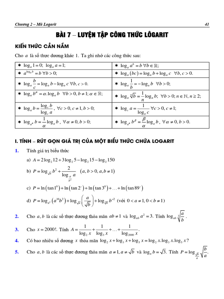 Bài 7 - Luyện Tập Công Thức Logarit | PDF