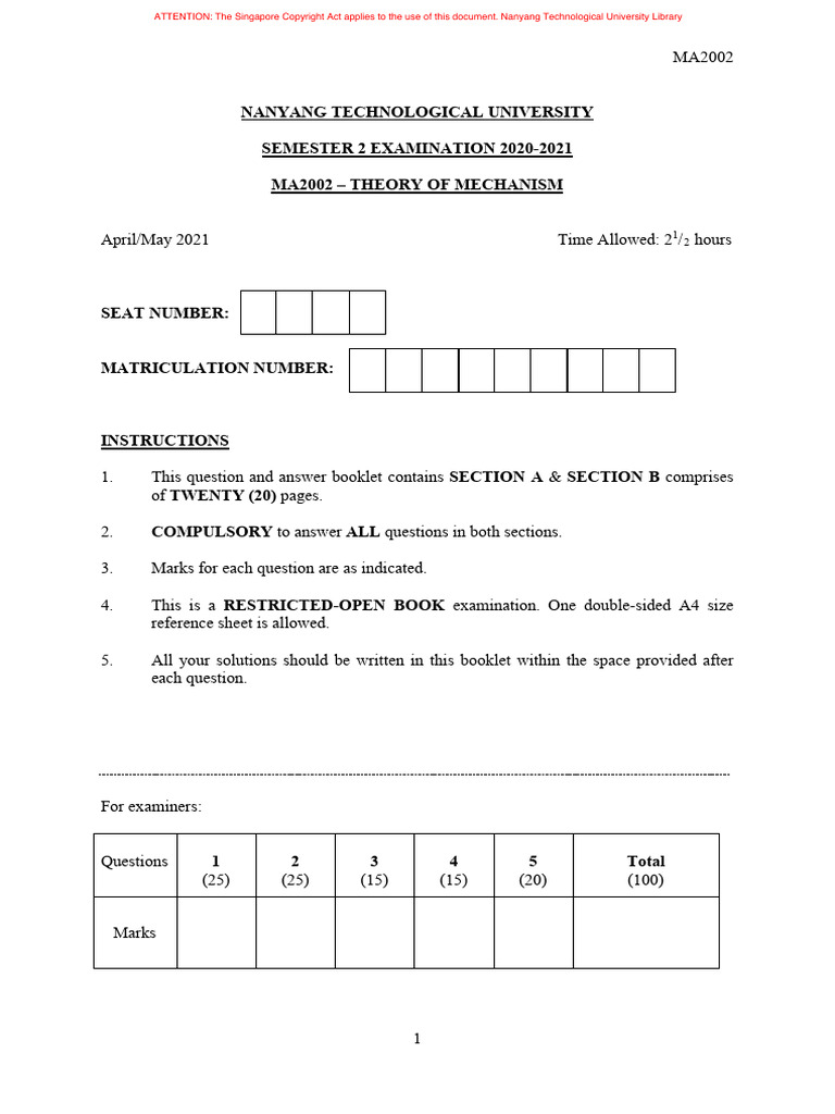 MA2002 2020-2021 Semester 2 | PDF | Force | Rotation
