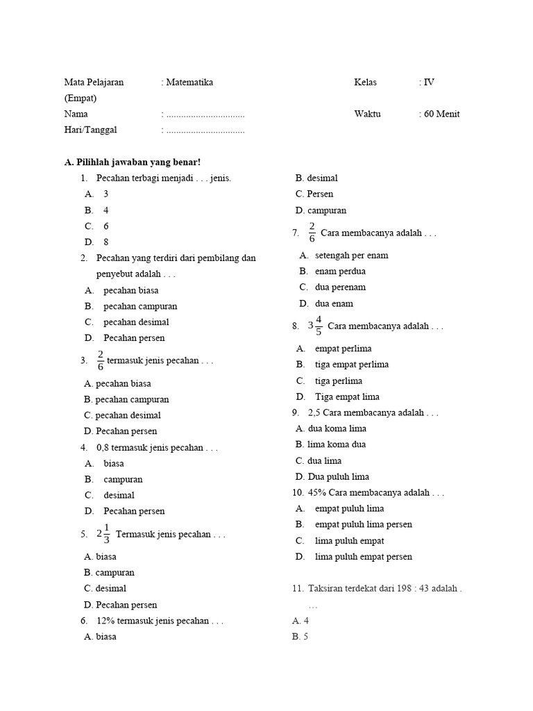 Soal MTK Kelas 4 (Semester 1) PTS k13 | PDF