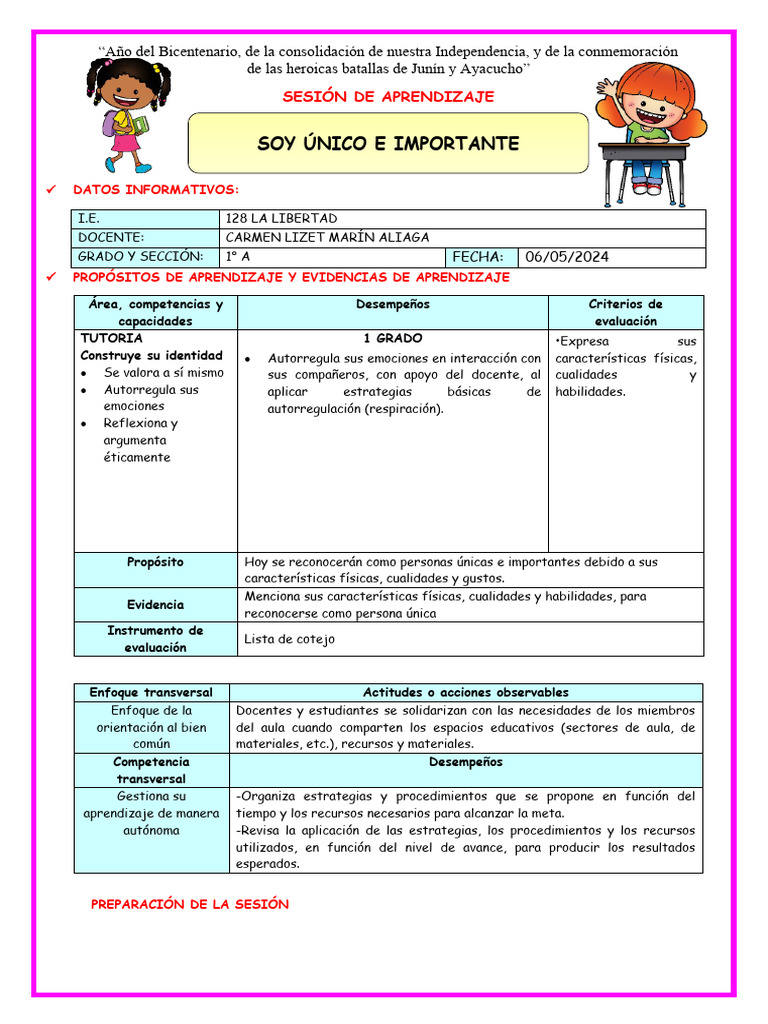 Tuto1 Soy Unico e Importante | PDF | Evaluación | Aprendizaje