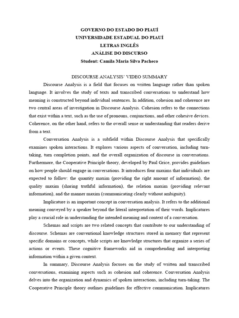 Discourse_Analysis_CamilaMariaSilvaPacheco | PDF | Cognitive Science | Liberal Arts Education