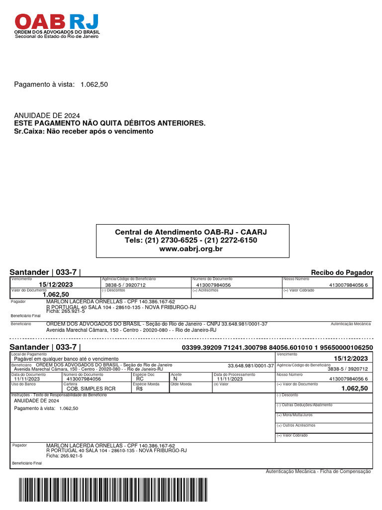 Boleto Anuidade OAB | Download grátis PDF | Pagamentos | Tecnologia bancária