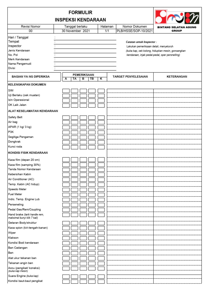 Form Inspeksi Kendaraan Kecil & Alat Berat 22 | PDF | Teknologi & Rekayasa
