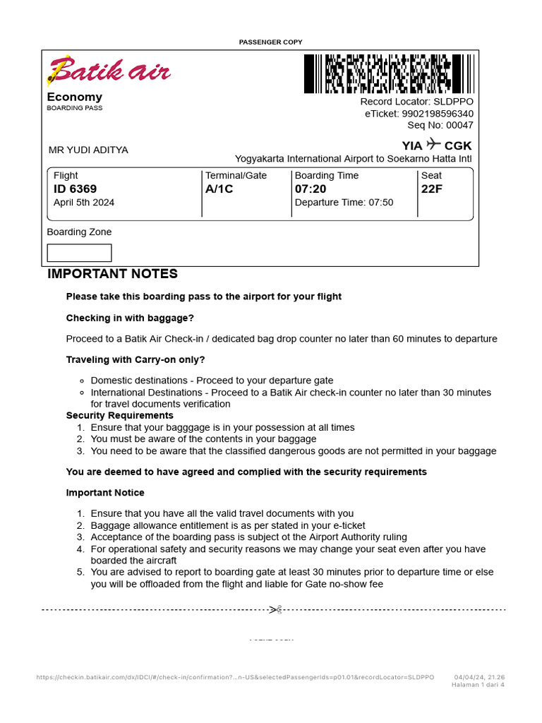 Batik Air Boarding Pass Details | PDF | Baggage | Airport