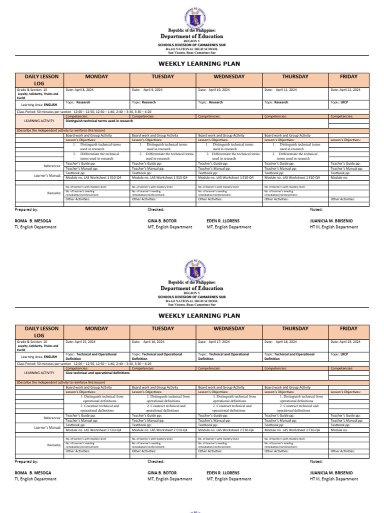 Weekly Learning Plan | PDF | Learning | Cognition