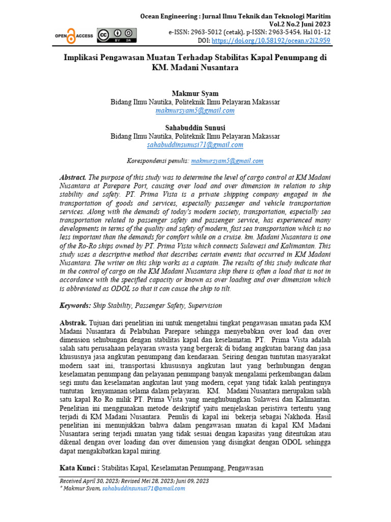OCEAN ENGINEERING - VOLUME 2, NO. 2, JUNI 2023 Hal 1-12 | PDF | Sains & Matematika | Teknologi ...