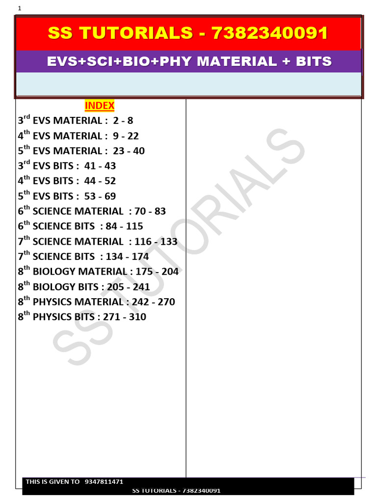 03 Ts Evs+Scie+Bio+Phy Material + Bits (III-Viii) | PDF