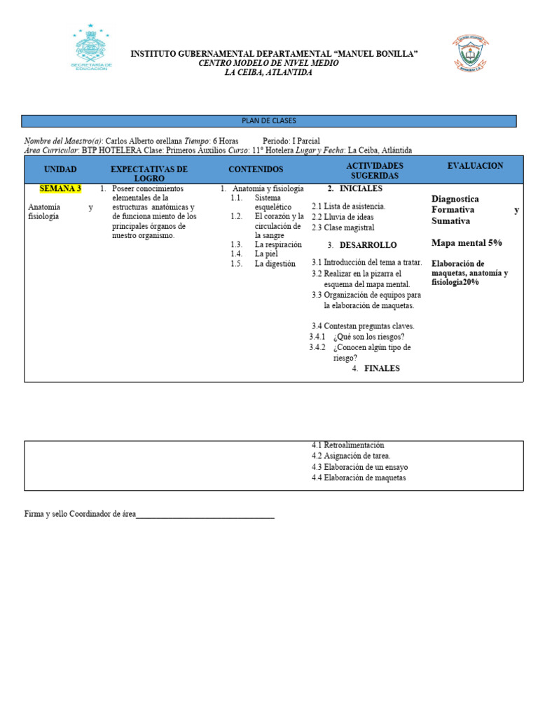Plan de Clases 3 SEMANA | PDF | Anatomía | Fisiología