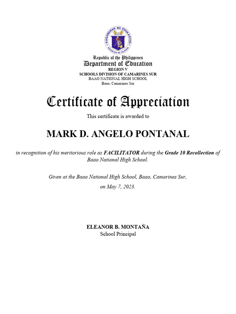 Certificate of Appreciation Recollection 2023 | PDF