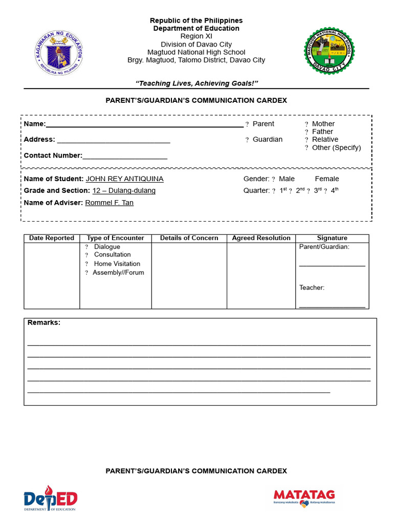 Parents Guardian Communication Index-Depedtambayan-1 | PDF