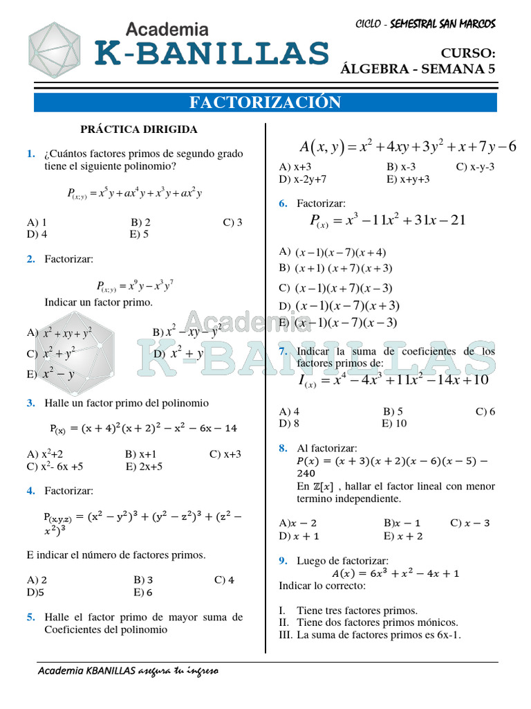 Álgebra - Semana 5 - Factorización | Descargar gratis PDF | Factorización | Álgebra