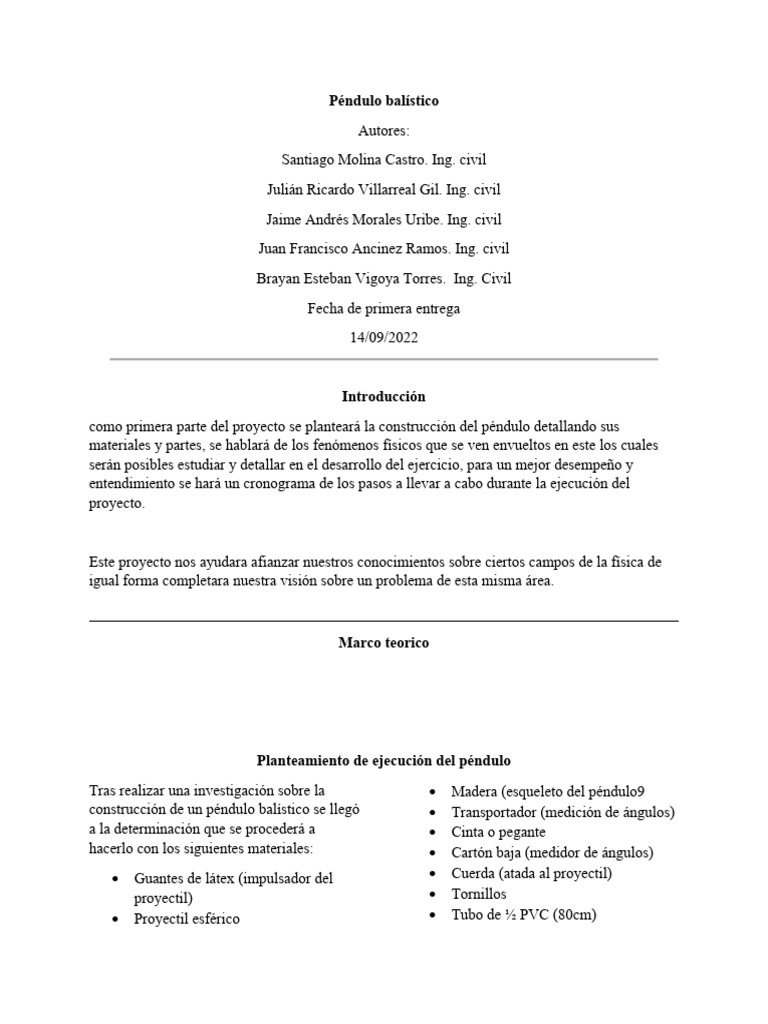Construcción y Física del Péndulo Balístico | PDF | Péndulo | Ciencias ...