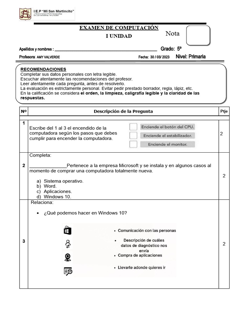Examen de Computación - 5to Grado - I Unidad | PDF | Microsoft Office | Microsoft