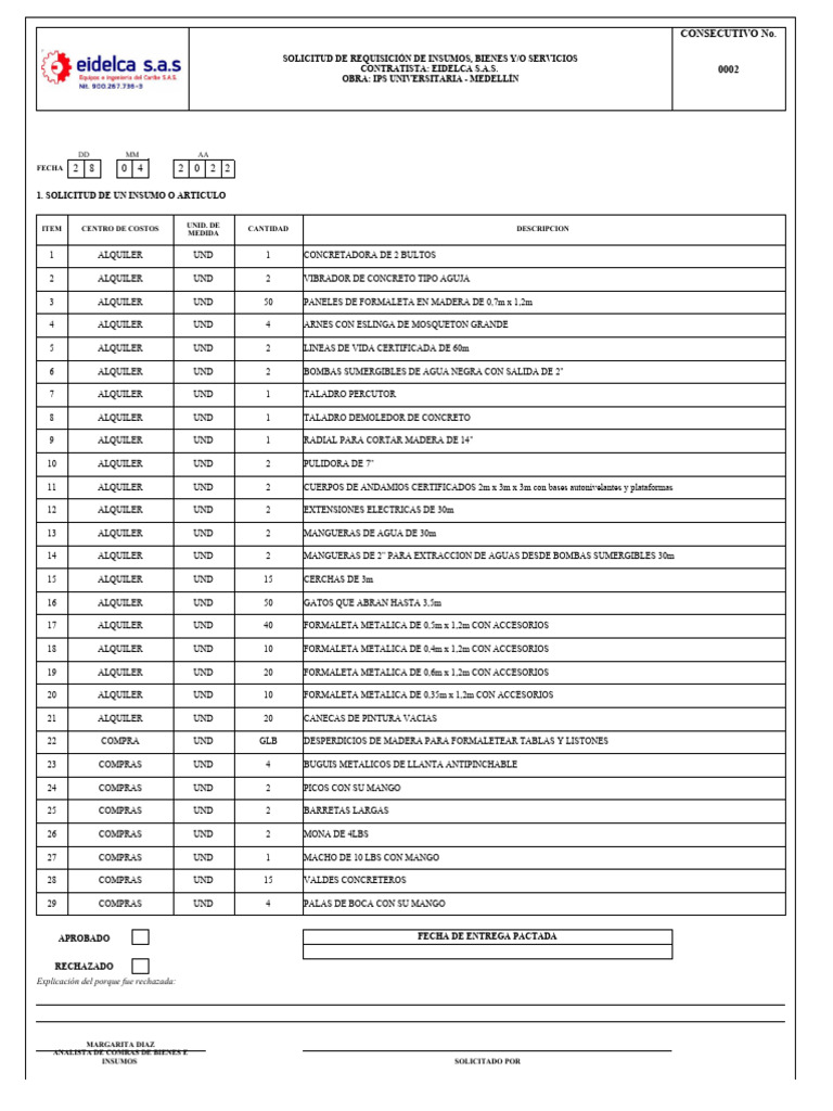 Solicitud de Insumos para Construcción | PDF
