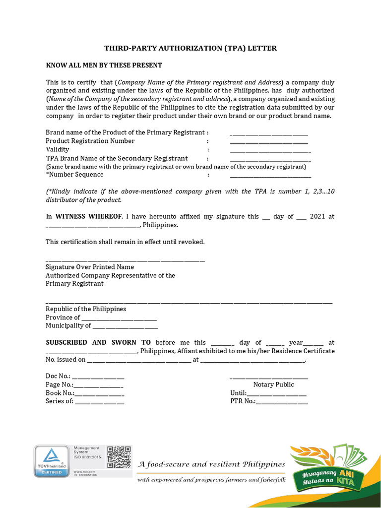 Third-Party Authorization (Tpa) Letter: Know All Men by These Present ...