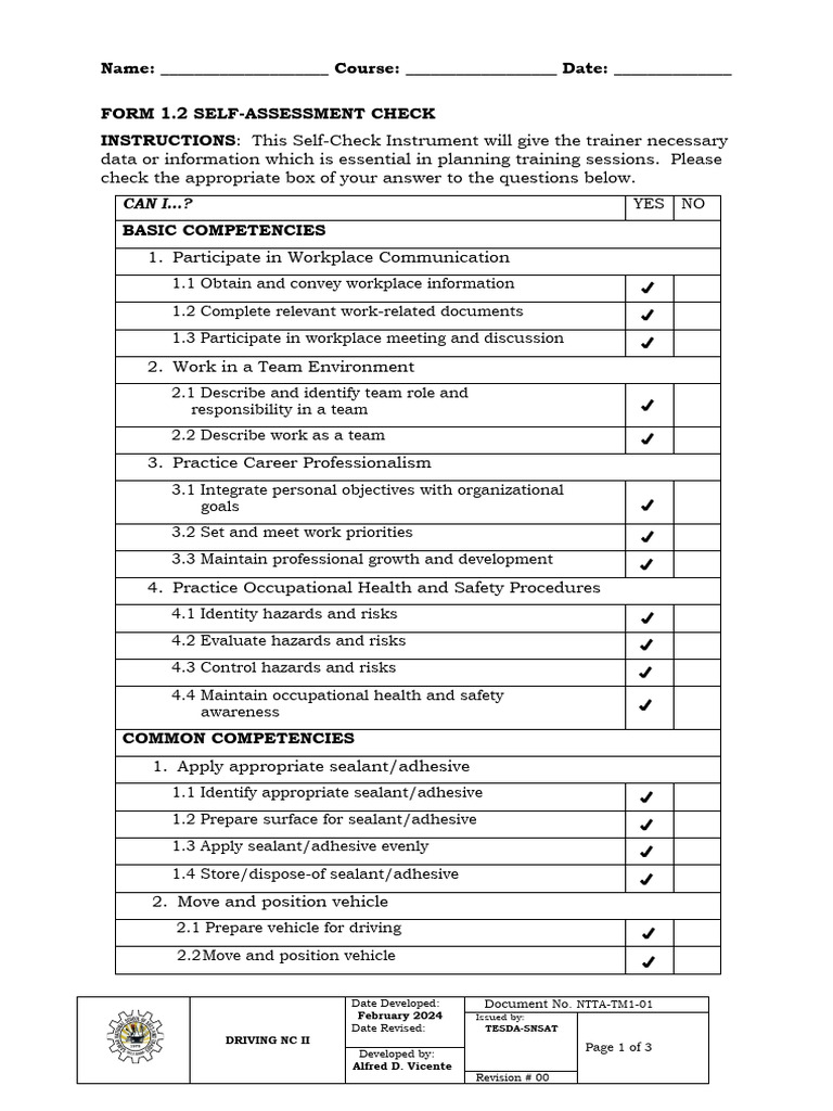 Form 1.2 Self Assessment Check | PDF | Occupational Safety And Health | Risk