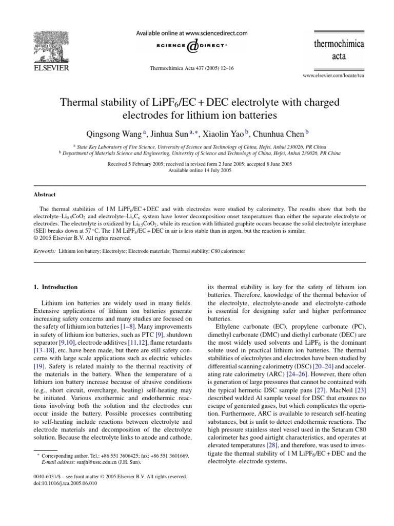 Thermal Stability of LiPF6 Electrolyte | PDF | Lithium Ion Battery ...