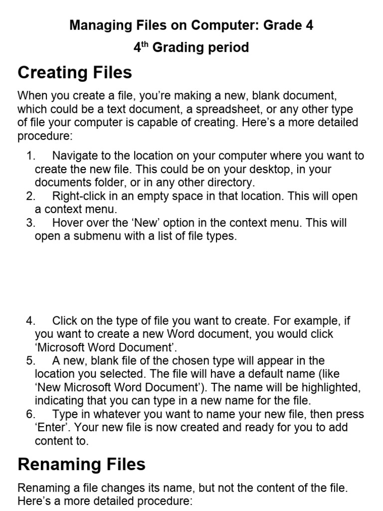 Managing Files On Computer Grade 4 4th Grading Pdf Computer File Computer Network