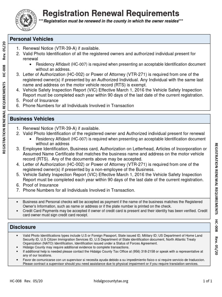 Hidalgo County Vehicle Registration Renewal | PDF | Identity Document ...