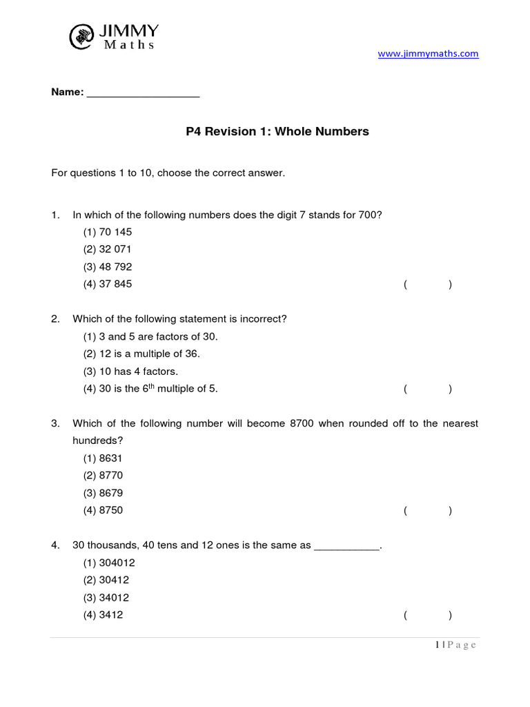P4 Revision 1 Whole Numbers Assignment | PDF