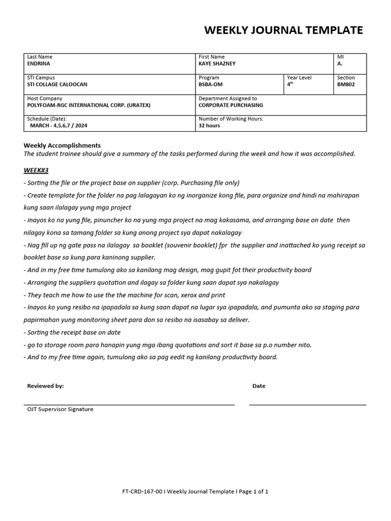 Weekly Journal for OJT at Polyfoam-RGC | PDF | Career & Growth