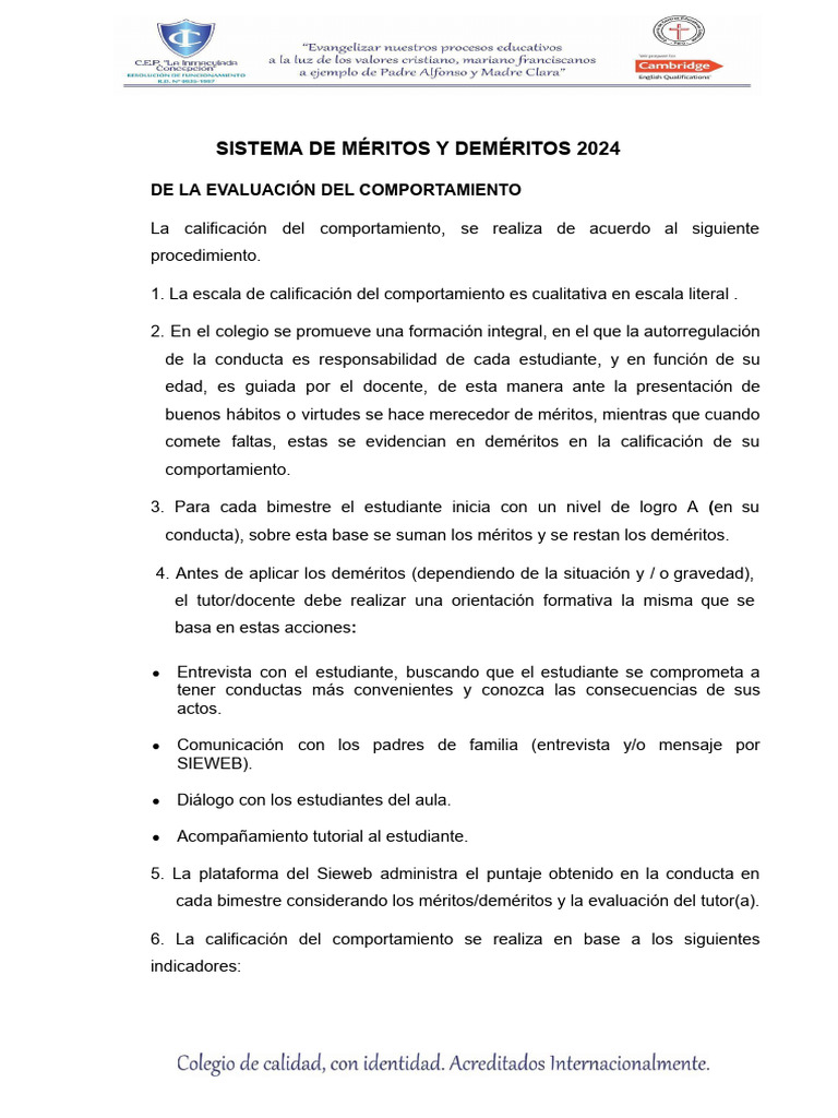 SISTEMA_DE_MERITOS_Y_DEMERITOS_2024 | PDF | Salón de clases ...