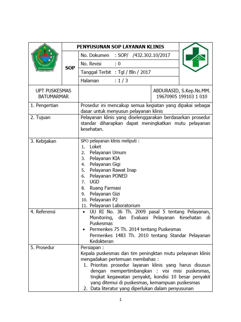 SOP Pelayanan Klinis Puskesmas Batumarmar | PDF