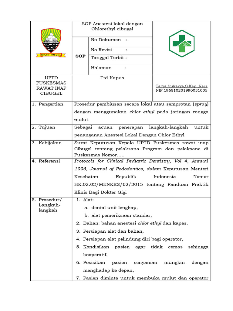 SOP Anestesi Lokal Dengan Chlorethyl Cibugel | PDF