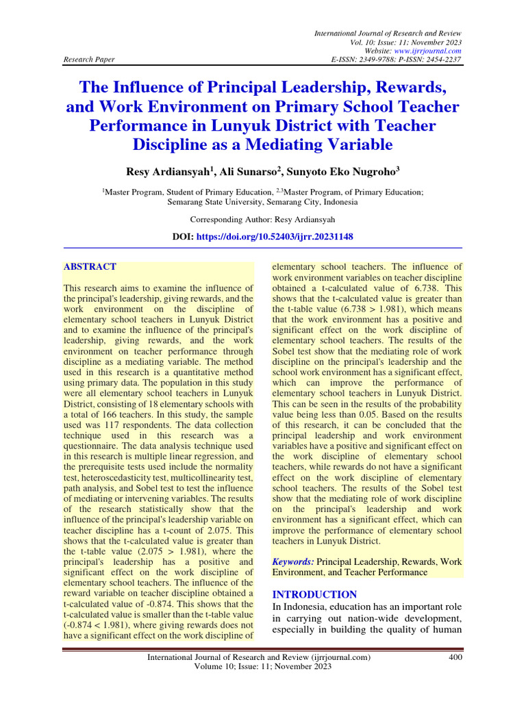 Principal Leadership Impact on Teacher Performance | PDF | Coefficient Of Determination ...