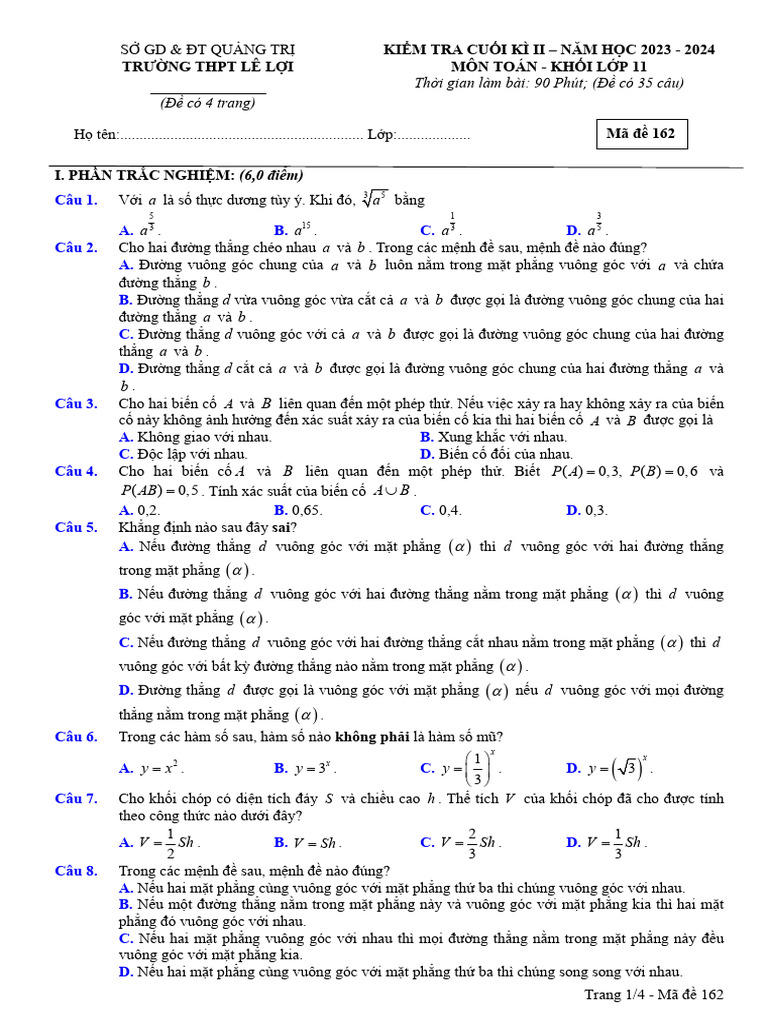 De Cuoi Ki 2 Toan 11 Nam 2023 2024 Truong THPT Le Loi Quang Tri | PDF