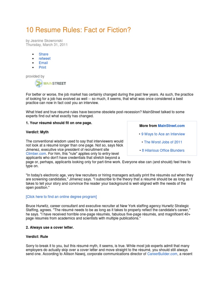 10 Resume Rules: Fact or Fiction?: by Jeanine Skowronski Thursday ...